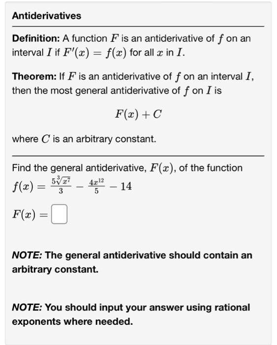 Solved Definition: A function F is an antiderivative of f on | Chegg.com