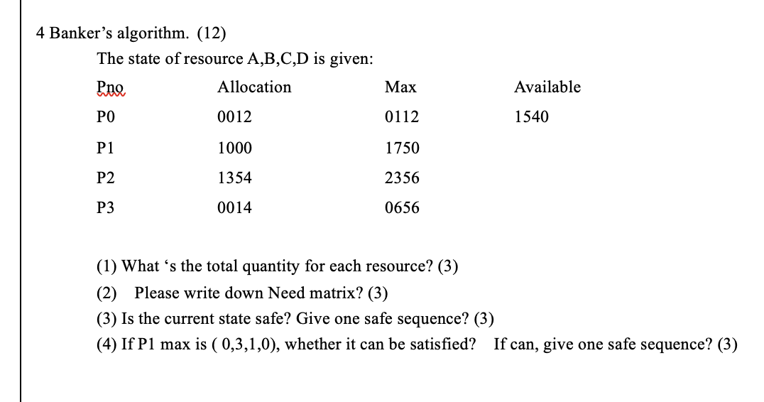 Solved 4 Banker's algorithm. (12) The state of resource | Chegg.com