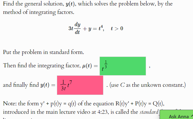 Solved Note: the form y'+p(t)y=q(t) ﻿of the equation | Chegg.com