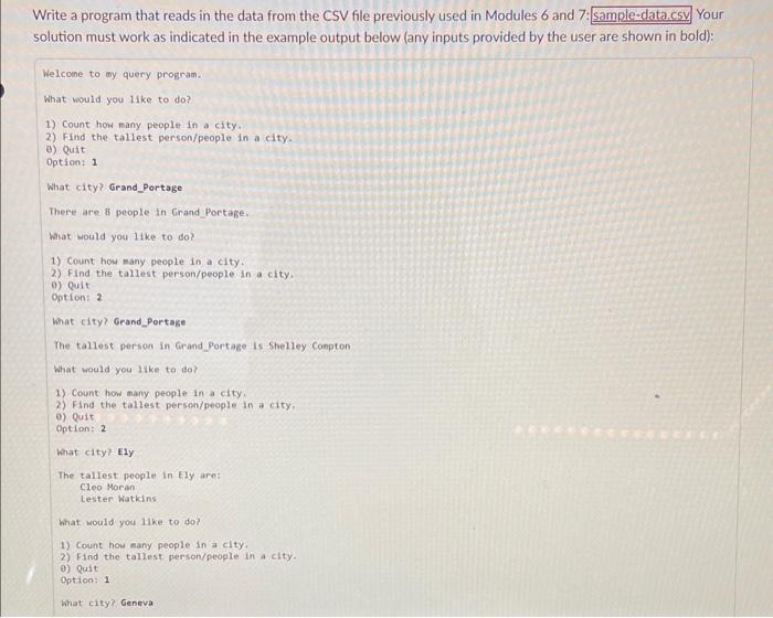 Write a program that reads in the data from the CSV | Chegg.com