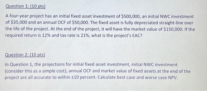 Solved A four-year project has an initial fixed asset | Chegg.com