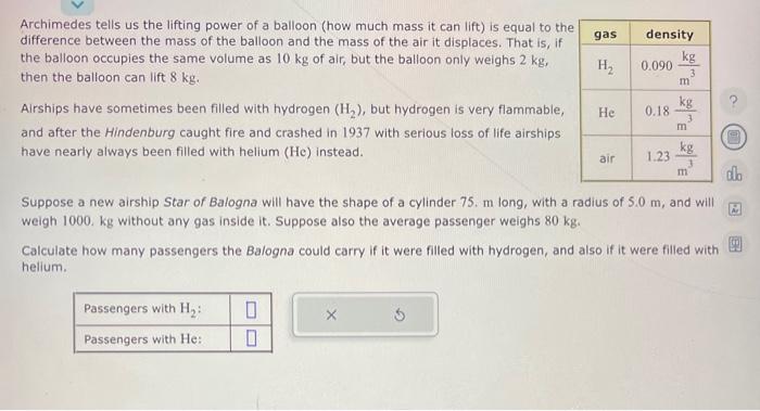 Solved Archimedes tells us the lifting power of a balloon | Chegg.com