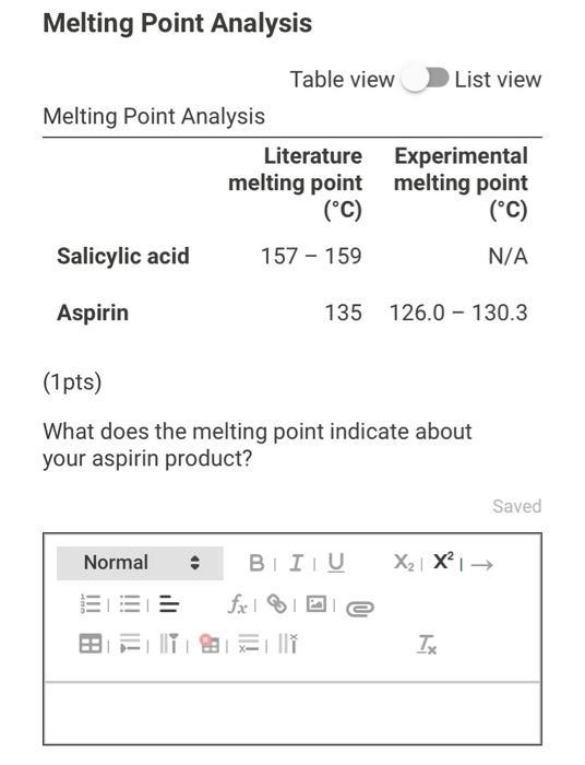 Solved Melting Point Analysis Table view List view Melting | Chegg.com