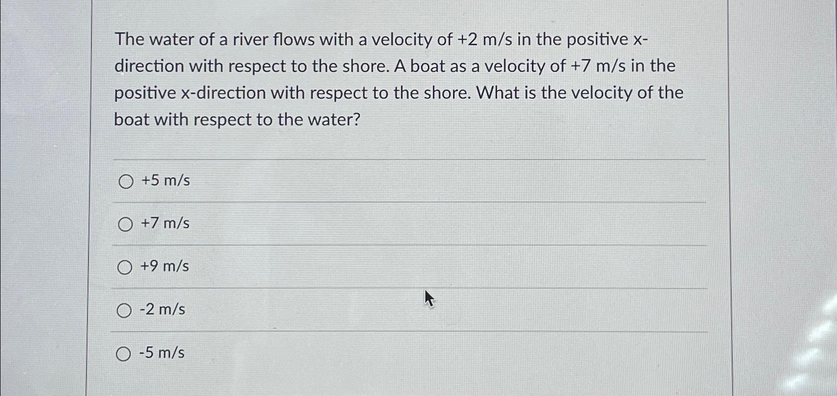 Solved The water of a river flows with a velocity of +2ms | Chegg.com