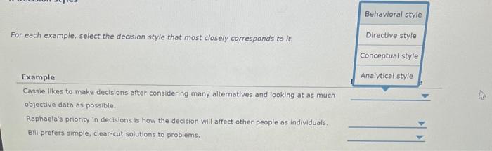 For each example, select the decision style that most | Chegg.com