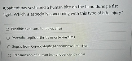 Solved A patient has sustained a human bite on the hand | Chegg.com