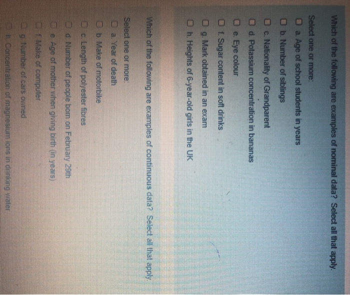 Solved Which of the following are examples of nominal data? | Chegg.com