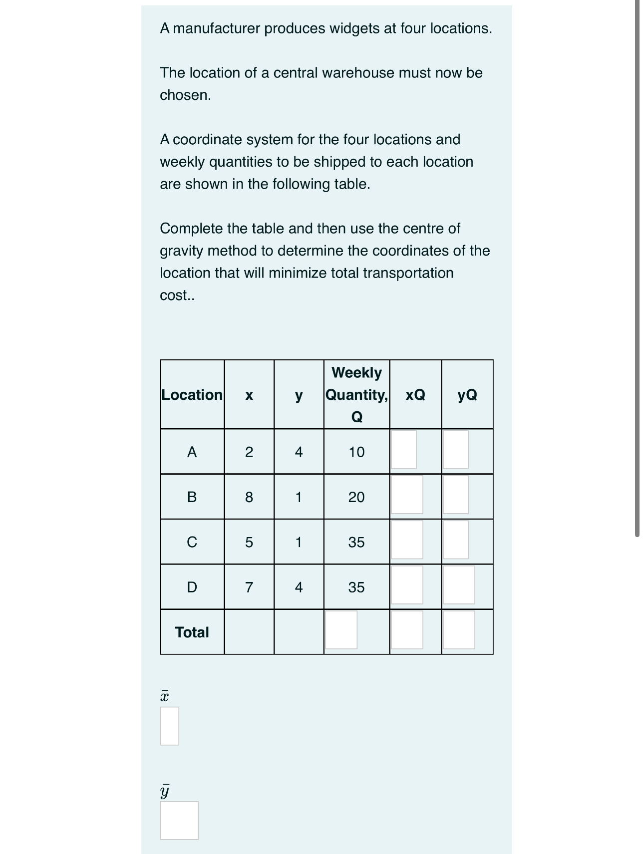 Solved A manufacturer produces widgets at four locations.The | Chegg.com