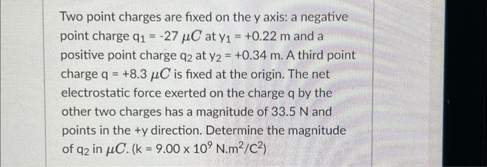 Solved Two point charges are fixed on the y axis: a negative | Chegg.com