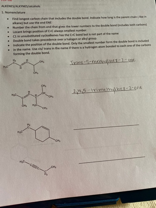 Solved ALKENES/ALKYNES/alcohols 1. Nomenclature Find longest | Chegg.com
