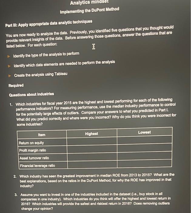 Analytics mindset Implementing the Dupont Method Part | Chegg.com