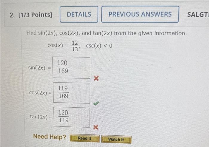Solved Find sin(2x),cos(2x), and tan(2x) from the given | Chegg.com