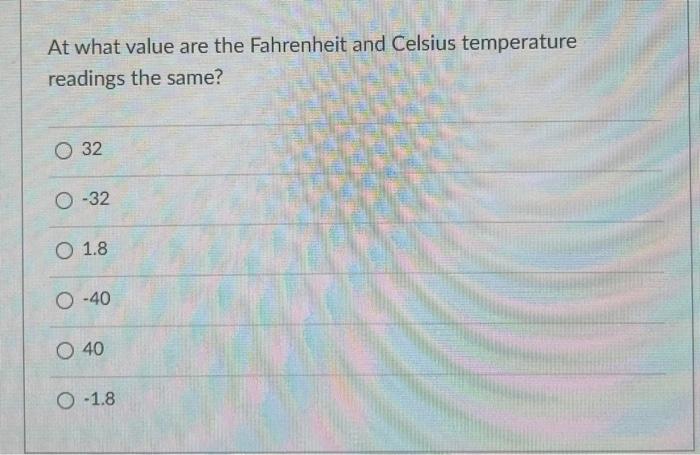 Solved At what value are the Fahrenheit and Celsius | Chegg.com