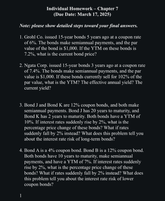 Solved Individual Homework - ﻿Chapter 7(Due Date: March | Chegg.com