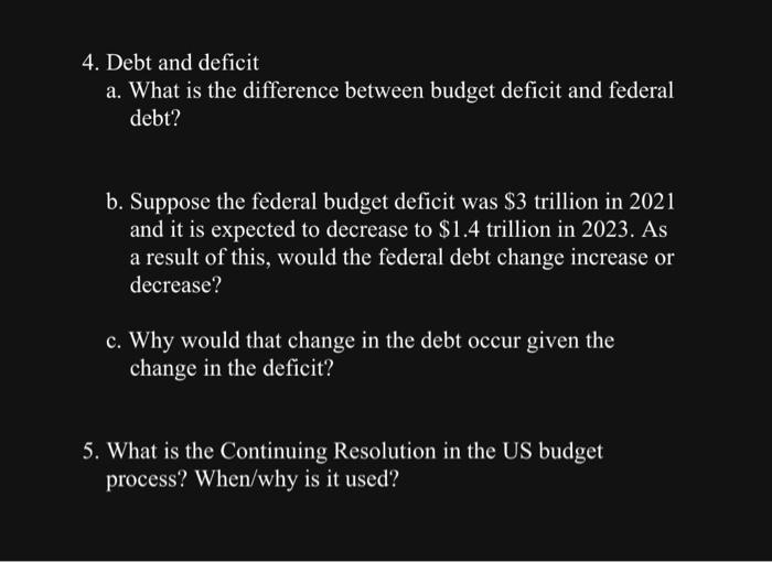 Solved 4. Debt and deficit a. What is the difference between | Chegg.com
