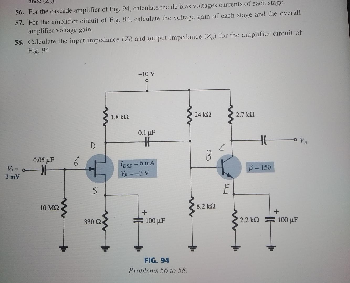 Solved For the cascade amplifier of Fig. 94, ﻿calculate the | Chegg.com