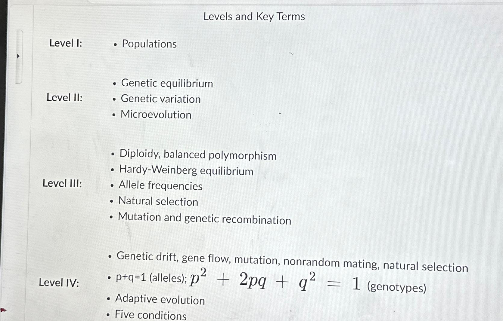 Solved Levels and Key TermsLevel I:PopulationsGenetic | Chegg.com