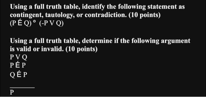 Solved Using a full truth table, identify the following | Chegg.com