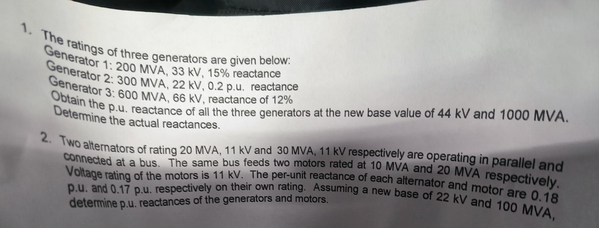 Solved The ratings of three generators are given below: | Chegg.com