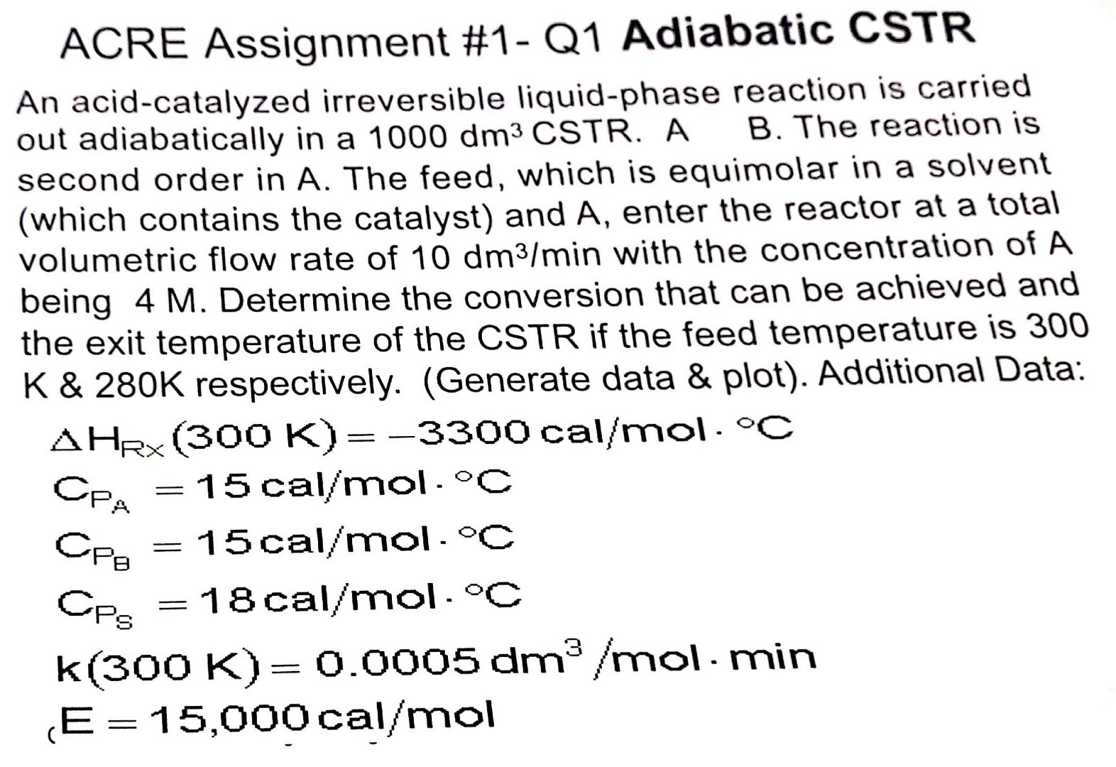 Solved ACRE Assignment #1- Q1 Adiabatic CSTR An | Chegg.com