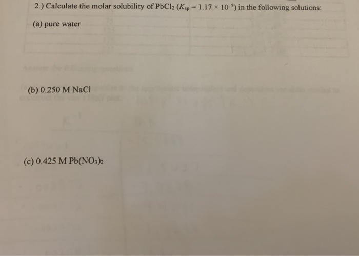 Solved 2.) Calculate the molar solubility of PbCl2 (Ksp = | Chegg.com