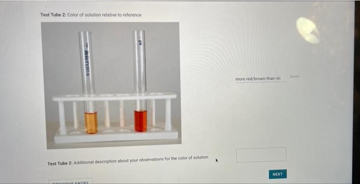 Test Tube 2: Color of solution relative to reference | Chegg.com