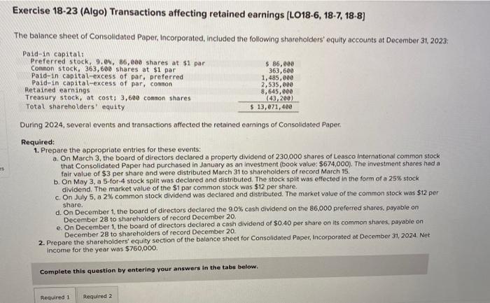 Solved Exercise 18-23 (Algo) Transactions affecting retained | Chegg.com