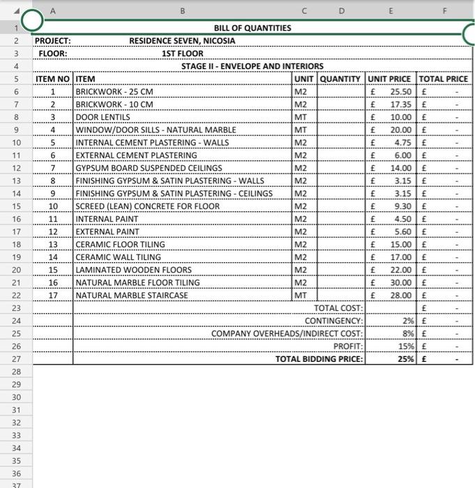 · Calculate the bill of quantities for listed | Chegg.com