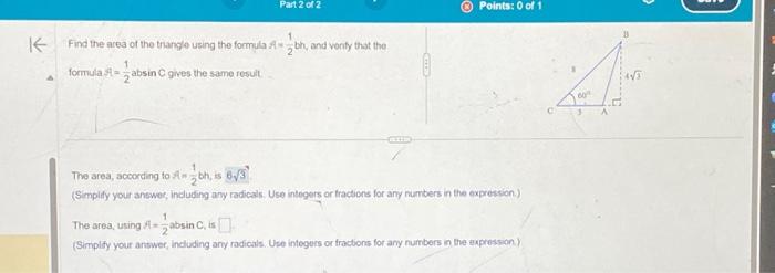 Solved K Part 2 of 2 1 Find the area of the triangle using | Chegg.com