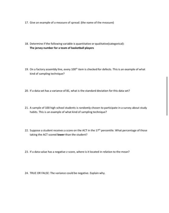 Solved 17. Give an example of a measure of spread. (the name | Chegg.com