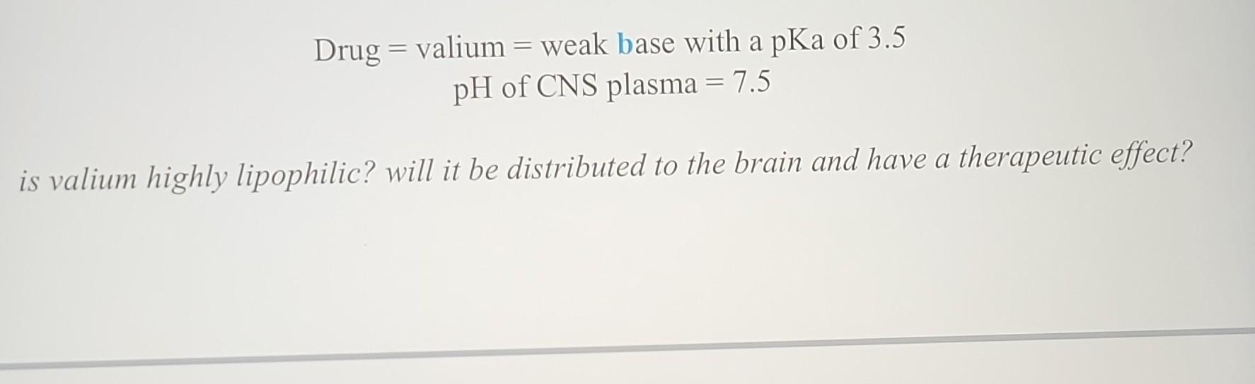 Solved Drug = valium = weak base with a pKa of 3.5pH of CNS | Chegg.com