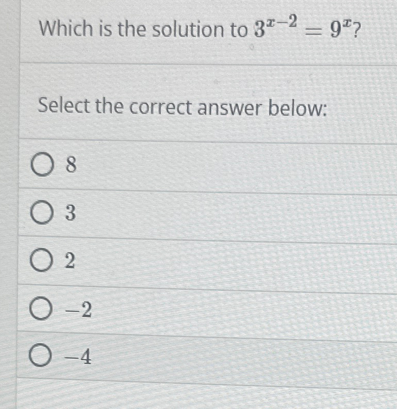 Solved Which is the solution to 3x-2=9x ?Select the correct | Chegg.com