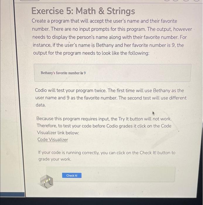 Solved Exercise 5: Math & Strings Create a program that will | Chegg.com