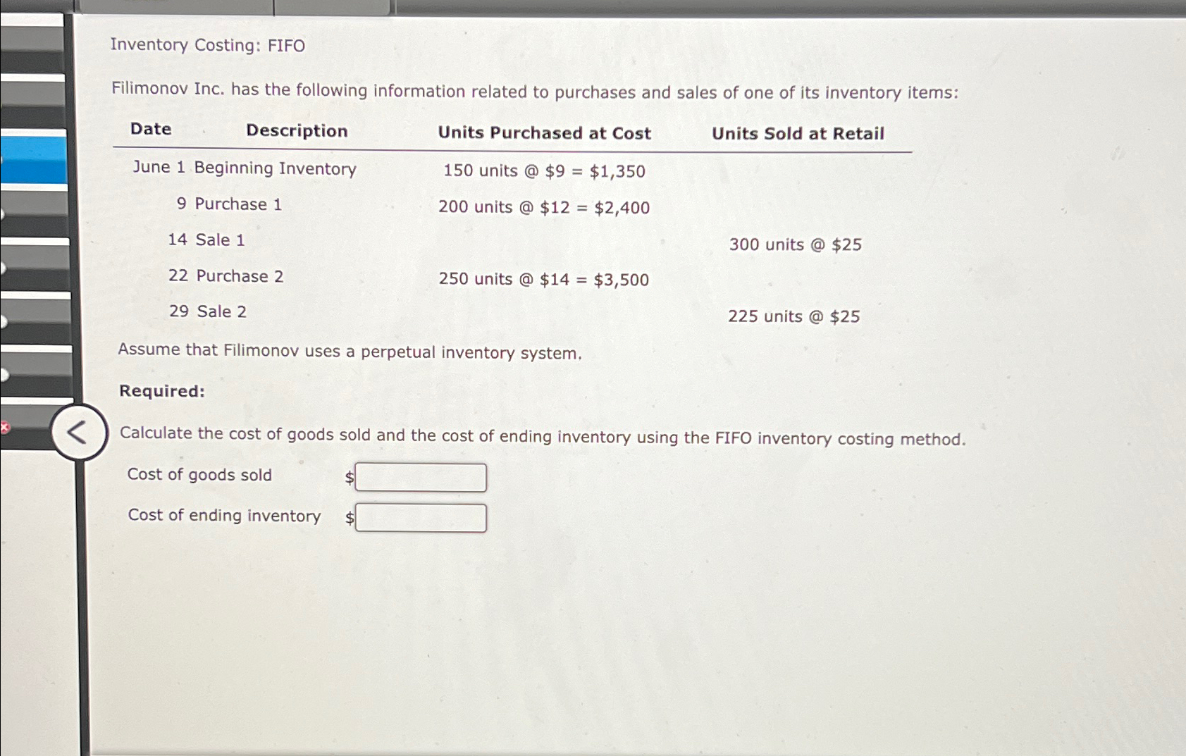 Solved Inventory Costing: FIFOFilimonov Inc. has the | Chegg.com