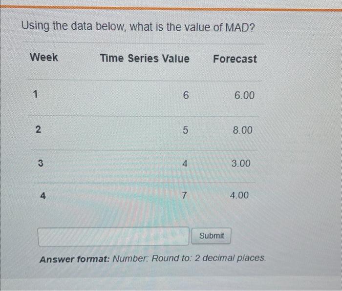 Solved Using the data below, what is the value of MAD? | Chegg.com