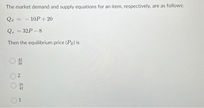 Solved The market demand and supply equations for an item, | Chegg.com