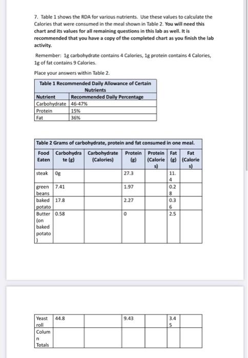 Solved 7. Table 1 shows the RDA for various nutrients. Use | Chegg.com