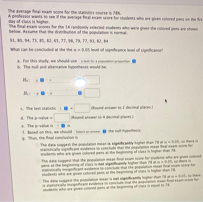 Solved The average final exam score for the statistics | Chegg.com