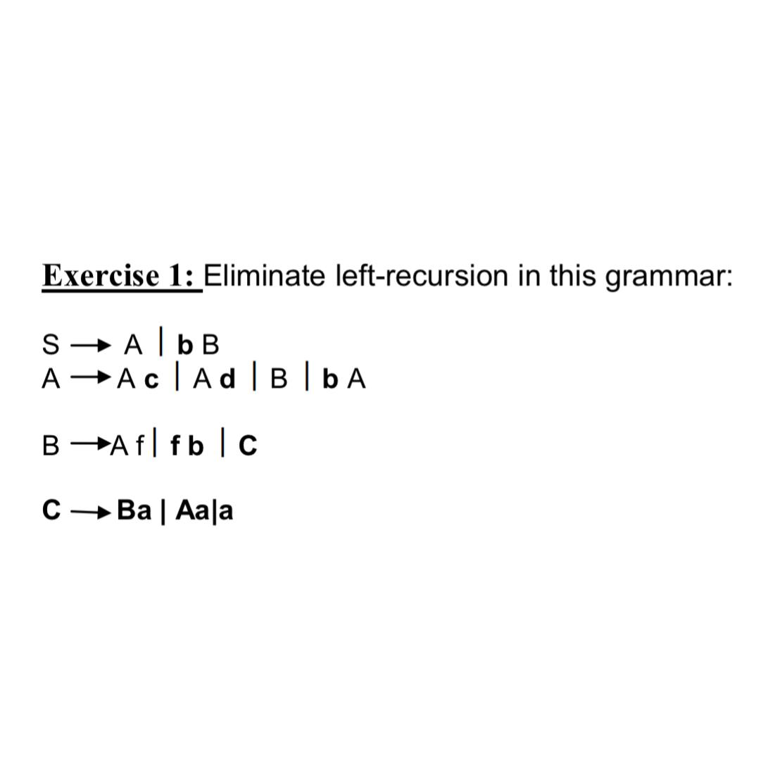 Solved Exercise 1: Eliminate left-recursion in this | Chegg.com Solved Exercise 1: Eliminate left-recursion in this | Chegg.com