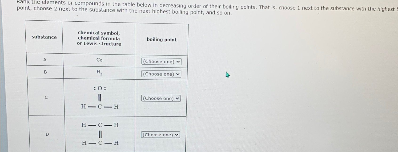 Solved Rank the elements or compounds in the table below in | Chegg.com