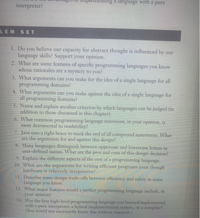 Solved ng a language with a pure interpreter? LEM SET 1. Do | Chegg.com