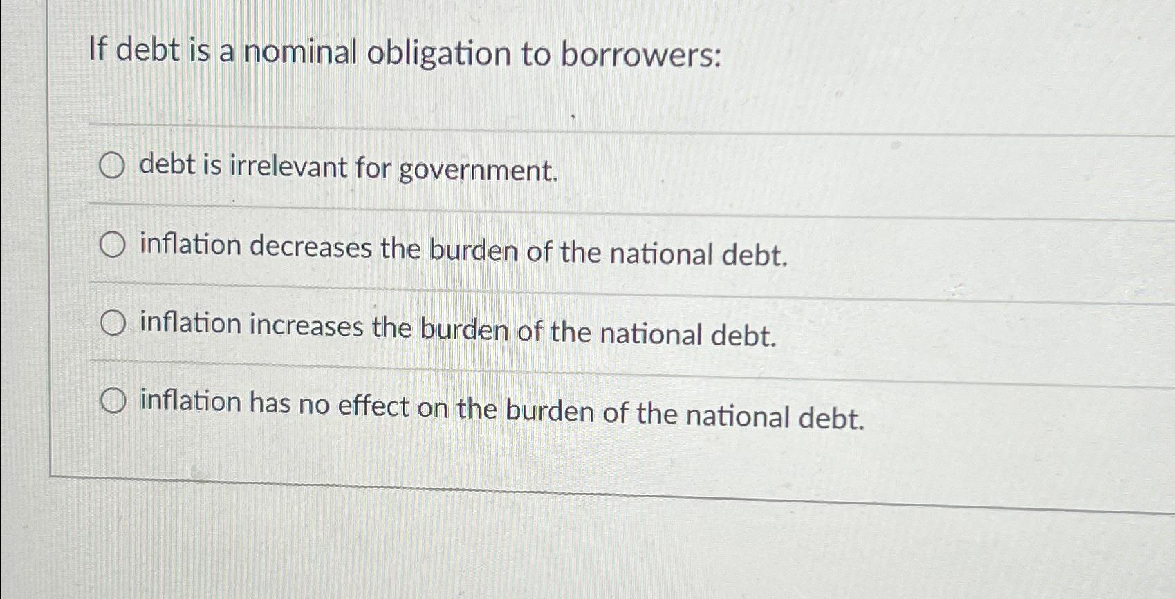 Solved If debt is a nominal obligation to borrowers:debt is | Chegg.com