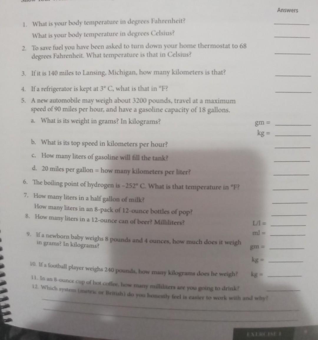 Solved Answers 1. What is your body temperature in degrees | Chegg.com
