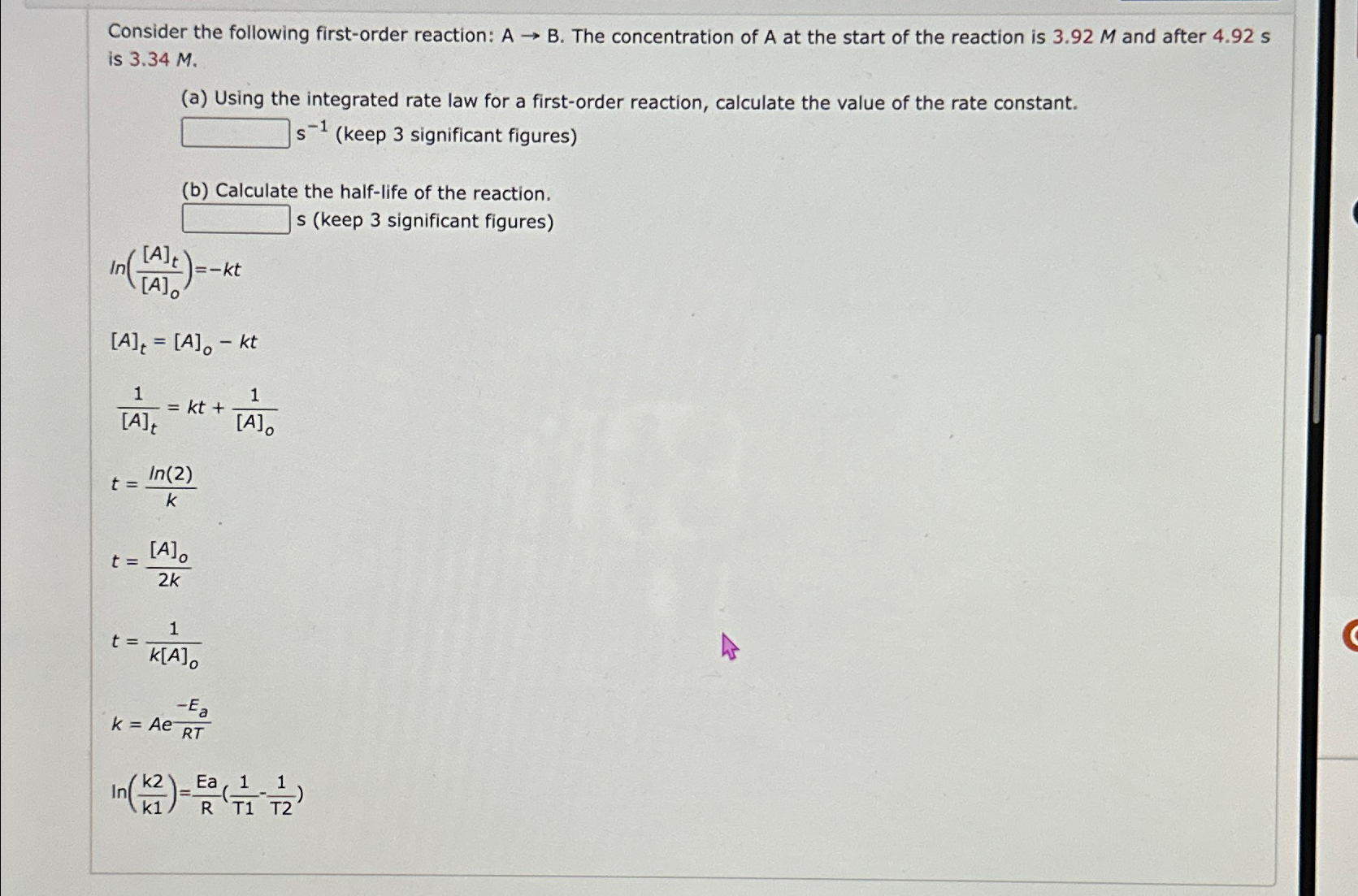 Solved Consider the following first-order reaction: A→B. | Chegg.com