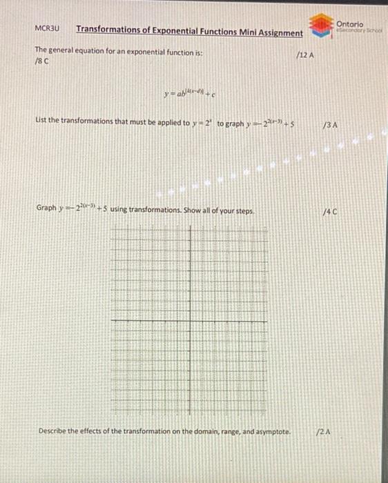 Solved Mcr3u Transformations Of Exponential Functions Mini
