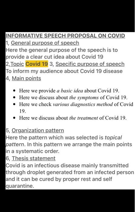 INFORMATIVE SPEECH PROPOSAL ON COVID 1, General | Chegg.com