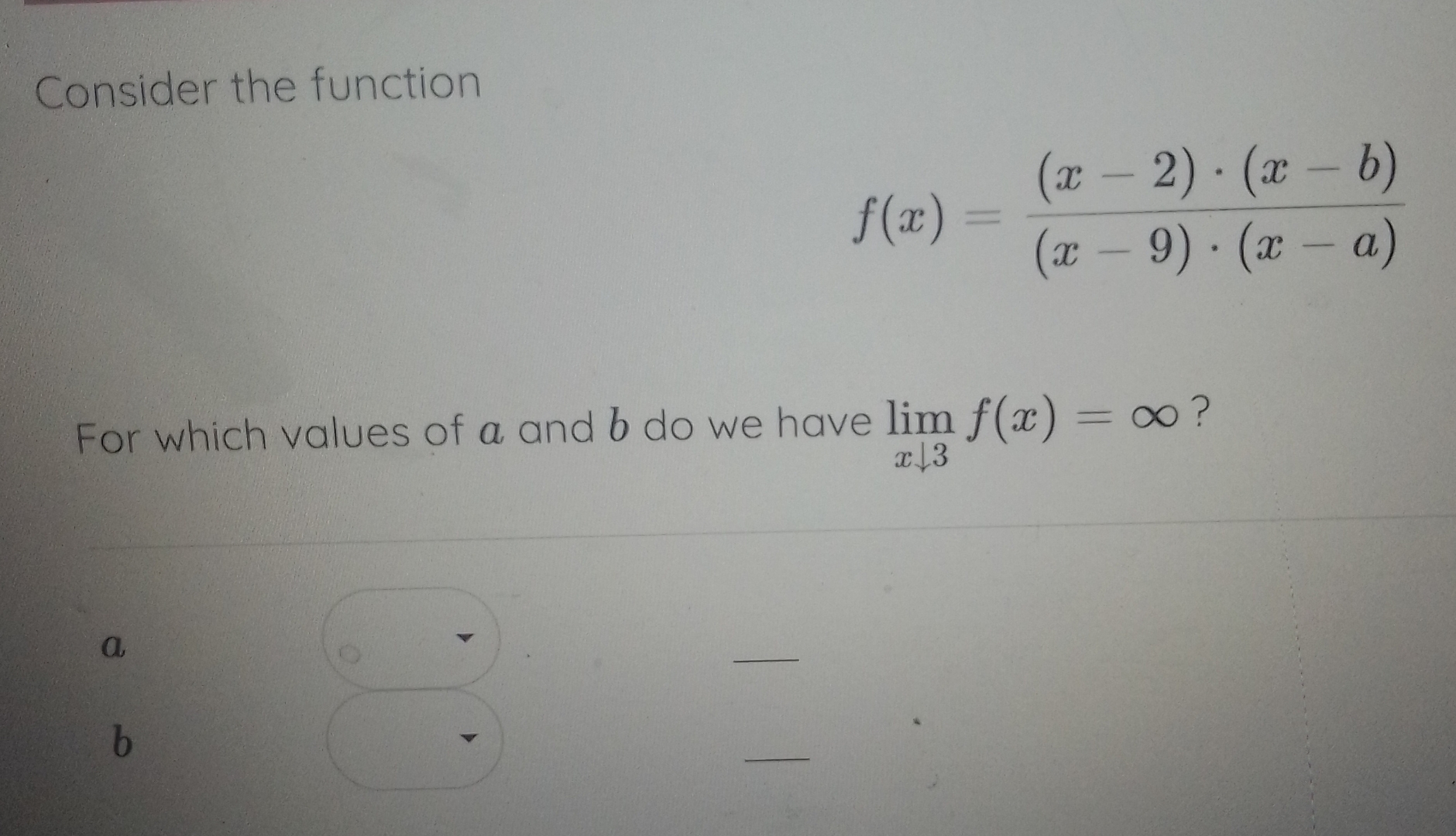 Solved Consider the functionf(x)=(x-2)*(x-b)(x-9)*(x-a)For | Chegg.com
