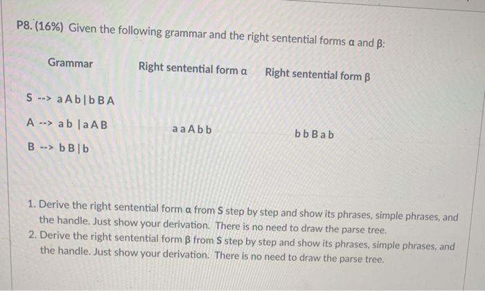 Solved P8. (16%) Given the following grammar and the right | Chegg.com