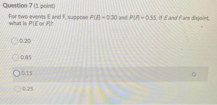 Solved For two events E and F, suppose P(E) = 0.30 and P(A) | Chegg.com