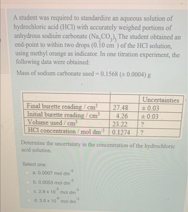 Solved A student was required to standardize an aqueous | Chegg.com